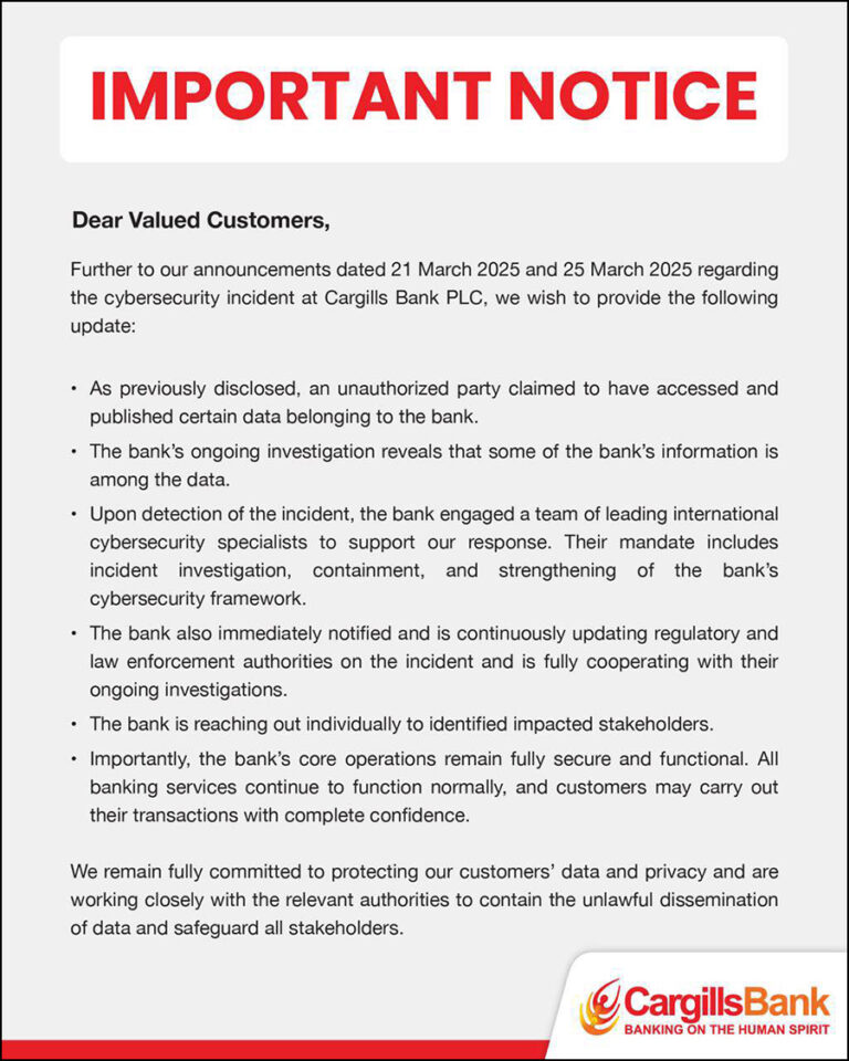 Cargills Bank issues statement on cybersecurity incident – Sri Lanka ...